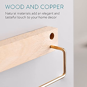 Navaris Hand Towel Holder - Wall Mounted Wood and Copper Rail for Holding Hand Towels - 11-3/4" Wooden Rack Small Metal Hang Bar for Bathroom Kitchen