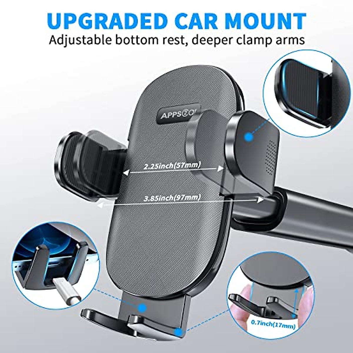 APPS2Car Phone Mount for Car, 3-in-1 Suction Cup Phone Holder for Car Dashboard Windshield Vent Universal Cell Phone Holder for Car, Compatible with iPhone, Samsung, All Cellphone, Thick Case Friendly