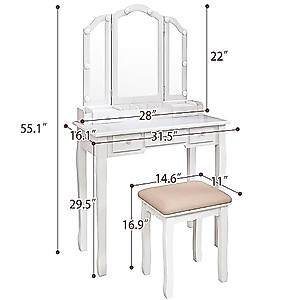 Longtesun Makeup Vanity Set Teen Vantity Set White Vanity Desk with Mirror and Lights Vanity Table with Lights Makeup Vanity with Lights Vanity Mirror with Lights Desk and Chair Makeup Vanity Table