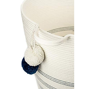 Sweetzer & Orange Extra Large Woven Cotton Rope Storage Basket with Pom-Poms – 16.5”x20.5” - Blanket Storage Baskets, Laundry and Toy Storage, Nursery Hamper - Off White/Navy XXL for Living Room