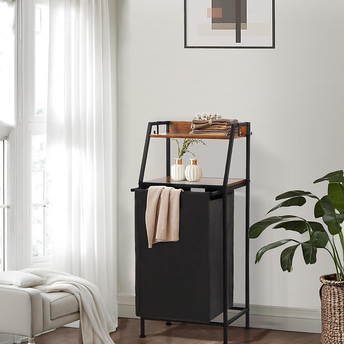 Timberer Laundry Hamper, Laundry Sorter, Rolling Laundry Basket with Wheels, 2 Shelves, 16.9 Gal(64L), Pull-Out and Removable Laundry Bags, for Laundry Room, Black and Rustic Brown