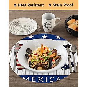 Round Placemats for Dining Table Set of 6 American Flag Patriotic Stars July 4th Place Mats Circle Woven Placemat Love American Wooden Patriotic Braided Table Mat for Kitchen Dinner Party 13 Inch