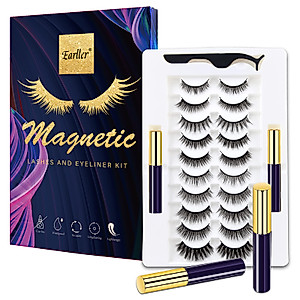 EARLLER Magnetic Eyelashes with Eyeliner Kit,10 Pairs Natural Look False Lashes with Applicator - Easy to Apply and No Glue Needed, 3D & 5D Reusable Short and Long Eyelashes Set