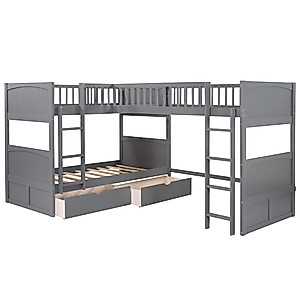 YILIBO Wood Wooden L-Shaped Triple Ladders and 2 Storage Drawers, Space-Saving Design, Built-in Ladder & Solid Slat Support for Kids Teens Bedroom, Grey, Twin Size Bunk Bed