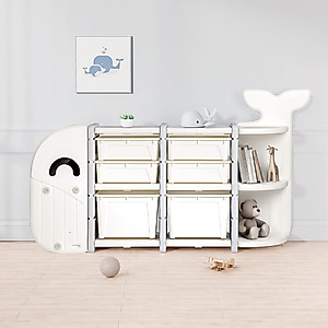duke baby Kids Small 3 Layer Toy Storage Organizer with 6 Pull-out Storage Bins, Display Bookshelves, Multipurpose Toy Cabinets for Kids Playrooms Bedrooms Age 1-12, Whale Collection White Grey