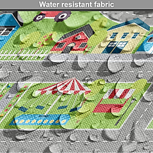 Ambesonne Car Race Track Fabric by The Yard, Roadway Activity Sunny City Landscape Illustration with Farm Factory, Decorative Fabric for Upholstery and Home Accents, Green Grey