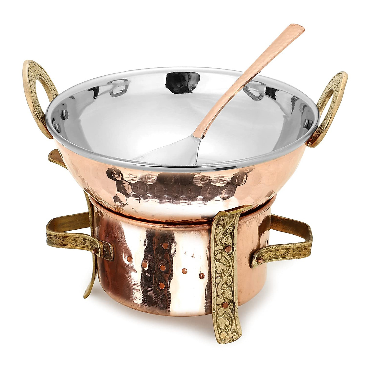 Zap Impex Indian 3 Pieces Serving Set Copper Karahi, Angithi and Serving Spoon Stainless steel set for 1 Person