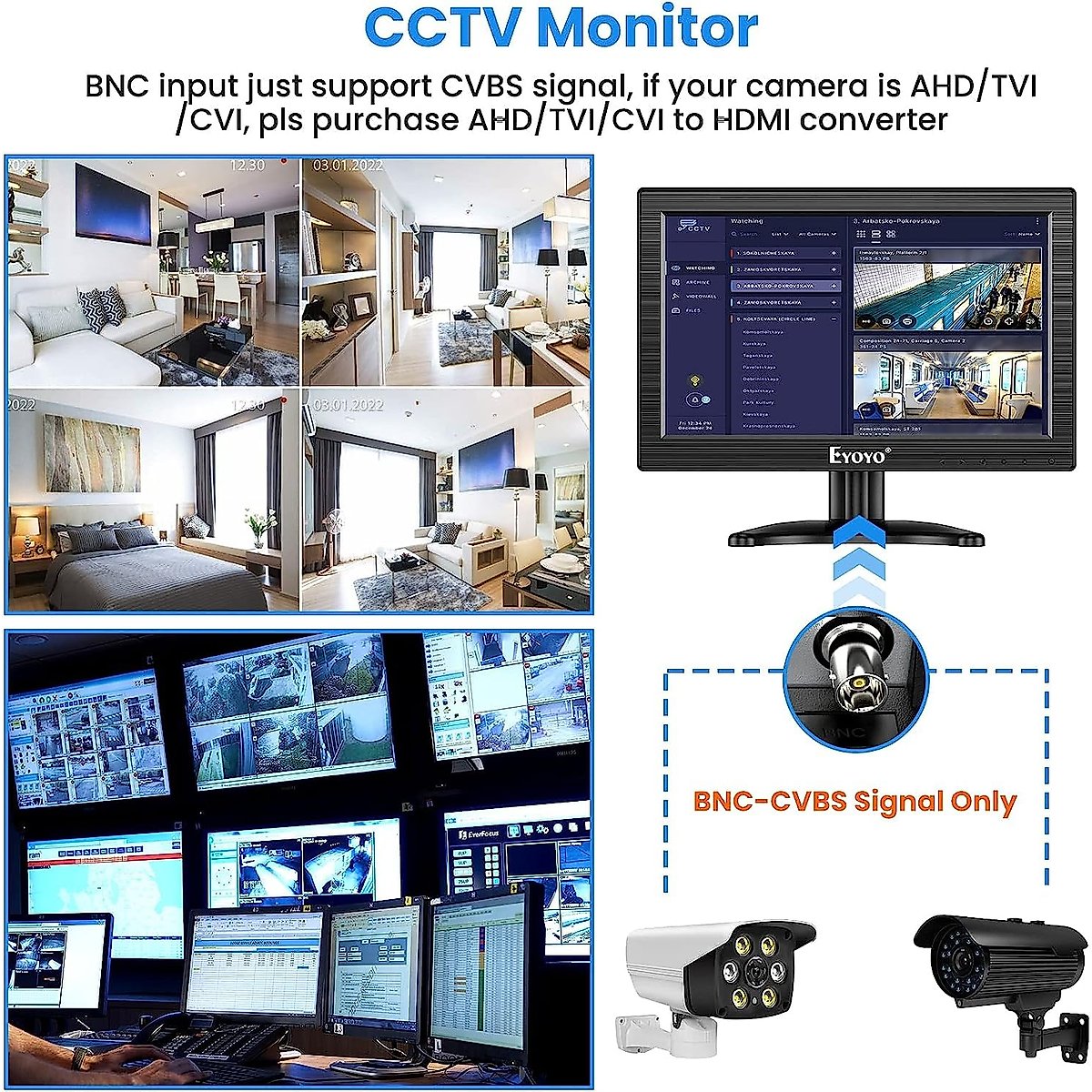 Eyoyo 12" Inch TFT LCD Monitor with AV HDMI BNC VGA Input 1366x768 Portable Mini HD Color Screen Display with Built-in Speaker