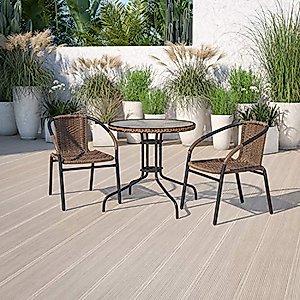 Flash Furniture Lila 28'' Round Glass Metal Table with Dark Brown Rattan Edging and 2 Dark Brown Rattan Stack Chairs