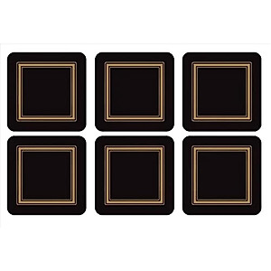 Pimpernel Classic Black Collection Coasters | Set of 6 | Cork Backed Board | Heat and Stain Resistant | Drinks Coaster for Tabletop Protection | Measures 4” x 4”