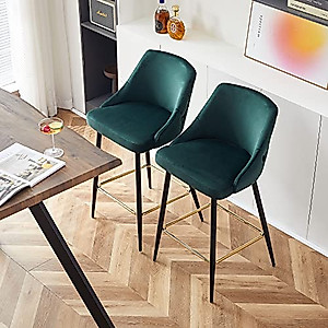 NORDICANA Velvet Button Tufted Barstools Set of 2, 27 inch Upholstered Kitchen Island Counter Dining Chair Soft Upholstered High Stools with Mid Backrest and Footrest, Dark Green