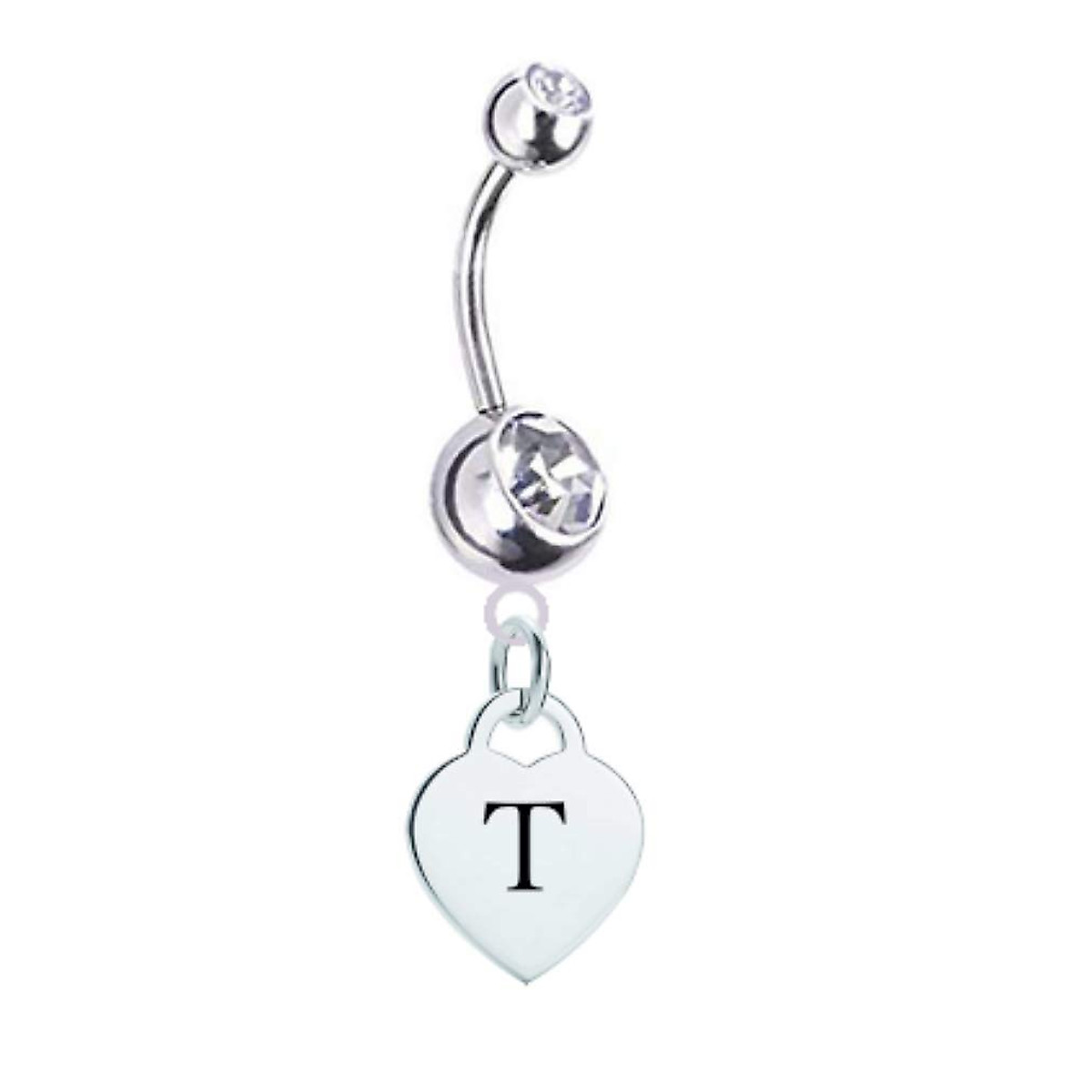 Letter T Silver Heart with Clear CZ Crystal Silver Belly Button Ring