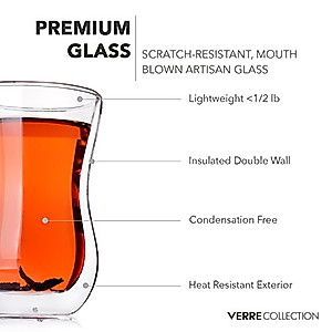 Verre Collection Turkish Tea Cups Double Wall Glass, 4.25 oz, Set of 2 - Insulated Heat Resistant & Lightweight Glass Tea Set (2-Pack)