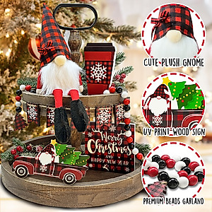 Christmas Tiered Tray Decorations, Christmas Wooden Signs & Gnome Plush Decor Buffalo Plaid 6 PCS for Home Indoor Table, Xmas Tabletop Farmhouse Rustic for Home Kitchen Holiday