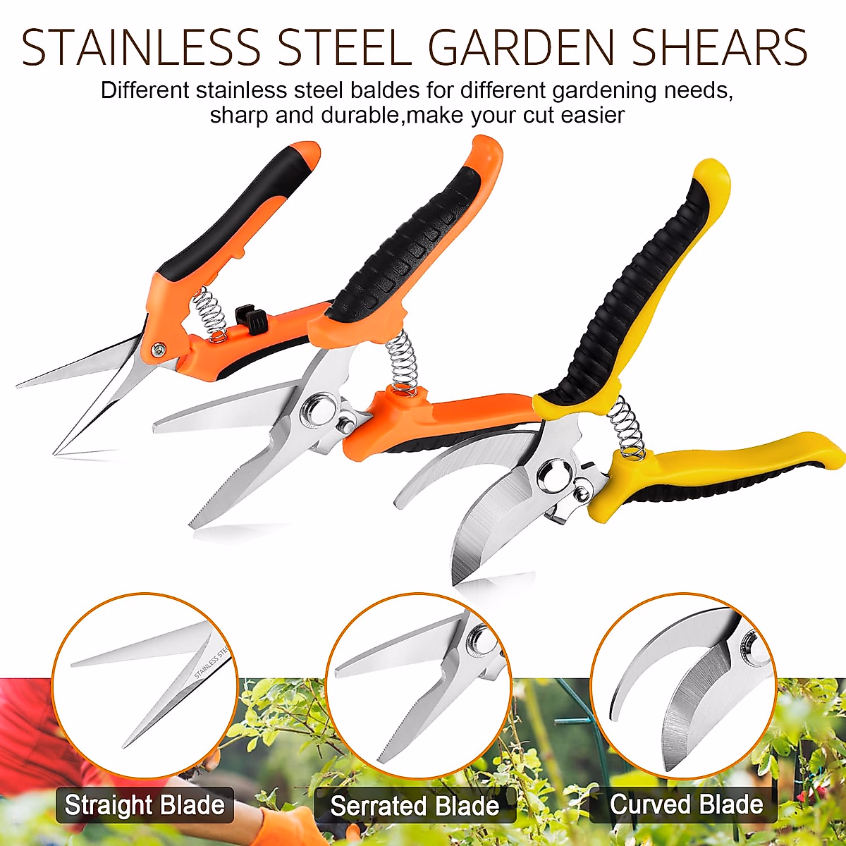 3 Pack Garden Pruning Shears Stainless Steel Blades Handheld Pruners Set with Gardening Gloves