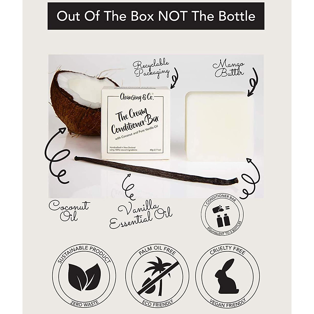 Cleansing & Co 2.11oz Hair Conditioner Bar For Nourishing Scalp and Hair - Hand Made, Zero Waste, Plastic Free, SLS Free, Natural Conditioner Bars for Body Care (Eco-Friendly Coconut Bar Conditioner)