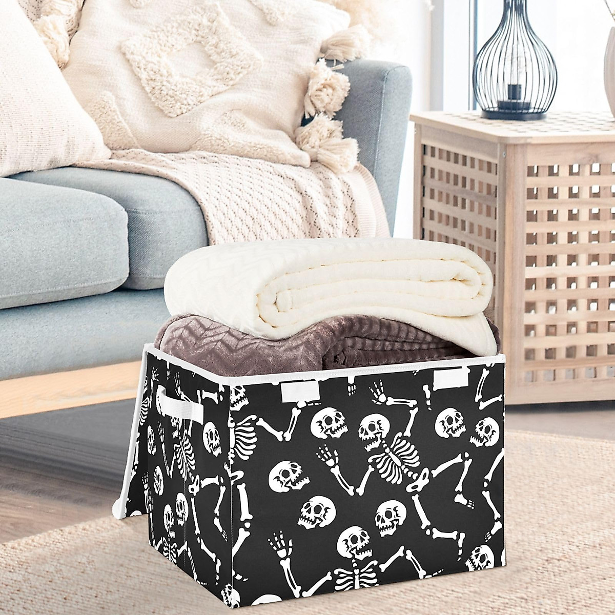 CaTaKu Skull Black Storage Bins with Lids,Halloween Fabric Large Storage Container Cube Basket with Handle Decorative Storage Boxes for Organizing Clothes Shelves