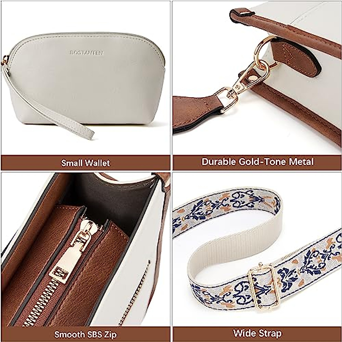 BOSTANTEN Crossbody Bags for Women 2PCS Vegan Leather Hobo Handbags Shoulder Purse with Adjustable Strap Beige Brown