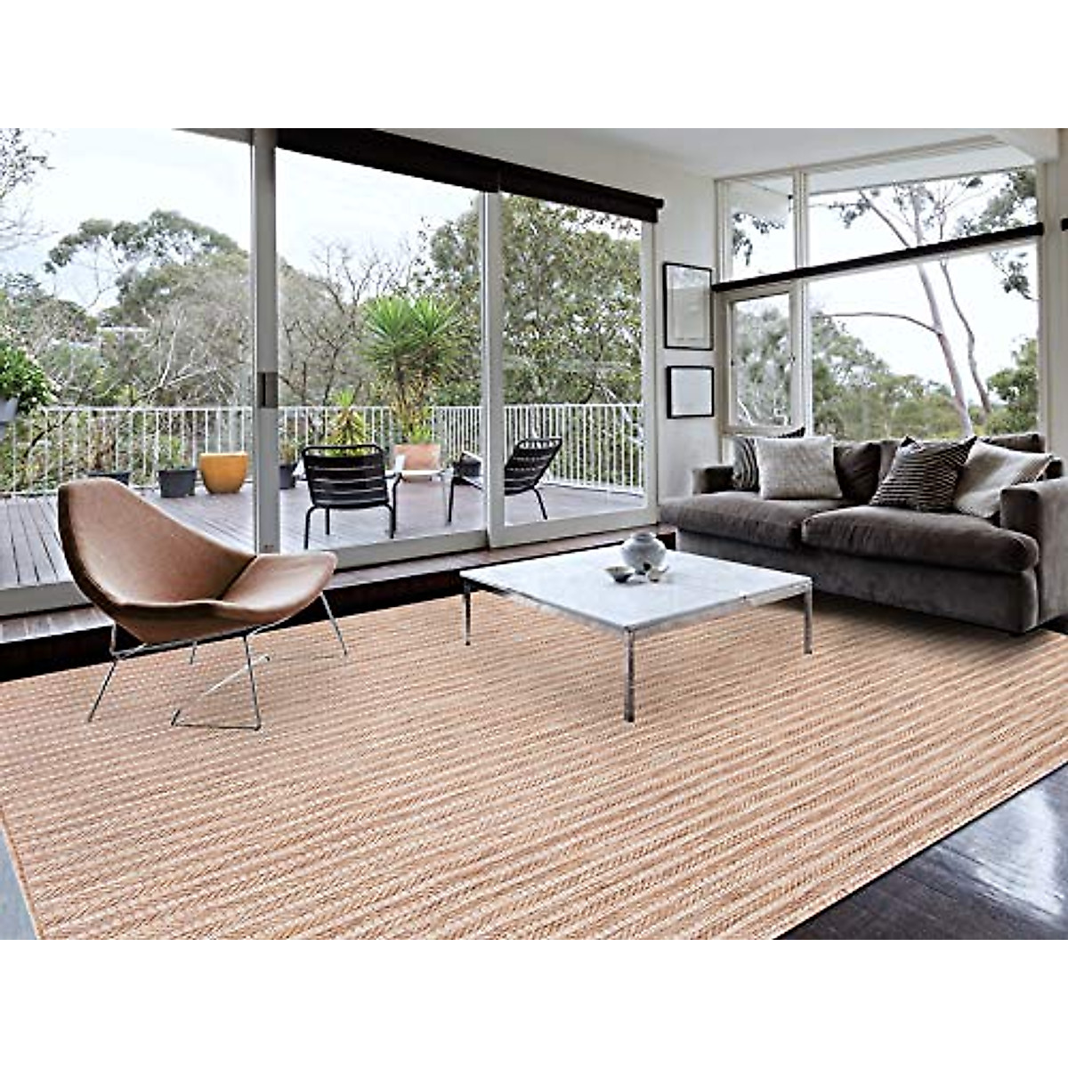 HOMEGNOME Indoor Outdoor Striped Rug (8'x10', Neutral Brown)