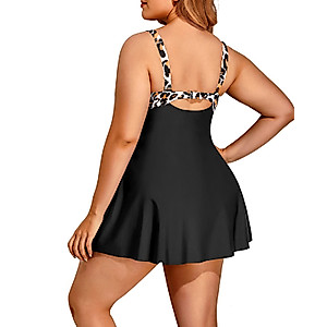 Holipick Plus Size Swim Dress Women - Leopard One Piece Swimsuit with Skirt V Neck Tummy Control Bathing Suit 22W