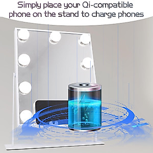 MISAVANITY Hollywood Vanity Mirror with Wireless Charging and Speaker 9.84" x11.81" Lighted Makeup Vanity Mirror with 9 Bulbs 360 Rotation 10X Magnification 3 Color Lighting Modes Mirror, White