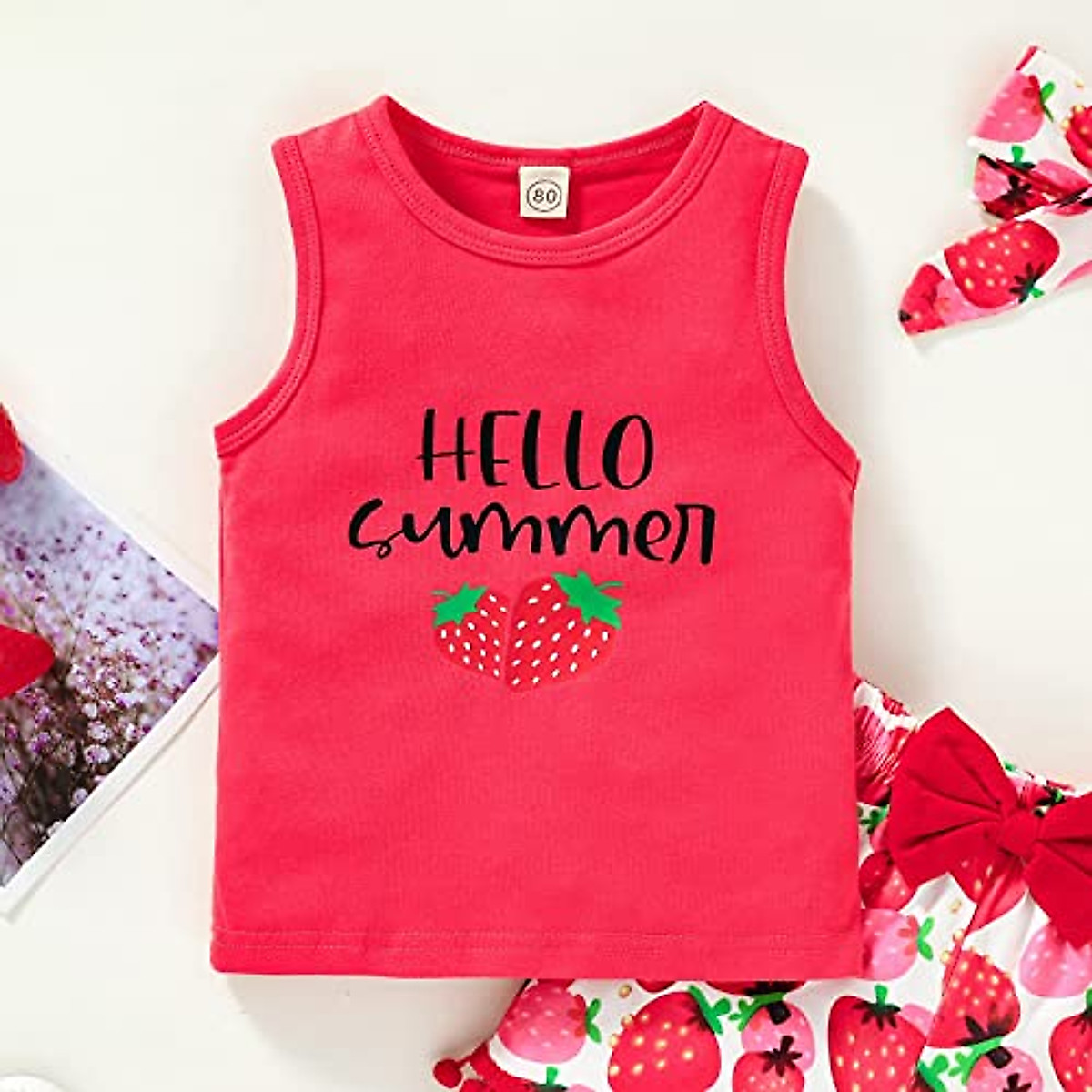 Toddler Baby Girl Summer Outfits Letter Print Sleeveless Tank Top+Tassel Shorts+Headband Clothes Set Strawberry (Red, 18-24 Months)