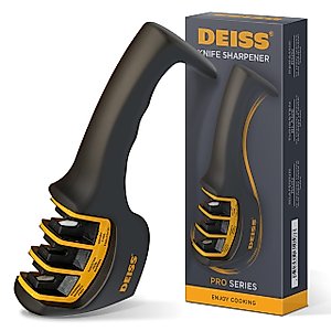 Deiss PRO 3-Stage Kitchen and Pocket Knife Sharpener - Professional Grade Knife Blade Sharpener for Cooking, Hunting and Ceramic Knives - Safely Restore and Polish Sharp Edges (ORANGE)