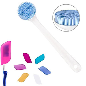 V-TOP 6 Pack Toothbrush Covers + Silcone Back Brush with Long Handle (Blue)