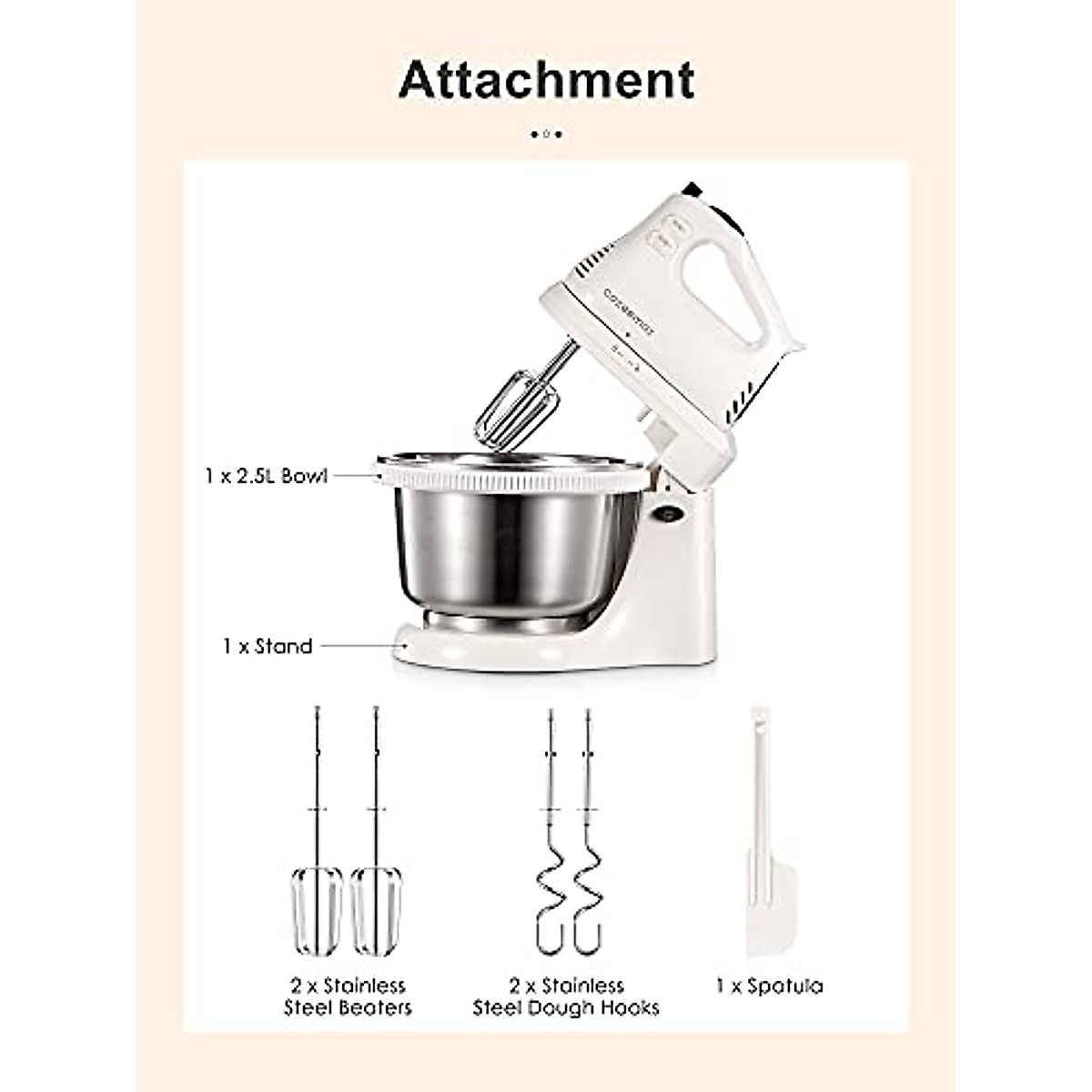 2 in 1 Hand Mixers Kitchen Electric Stand mixer with bowl 3 Quart, electric mixer handheld for Everyday Use, Dough Hooks & Mixer Beaters for Frosting, Meringues & More (White-S)