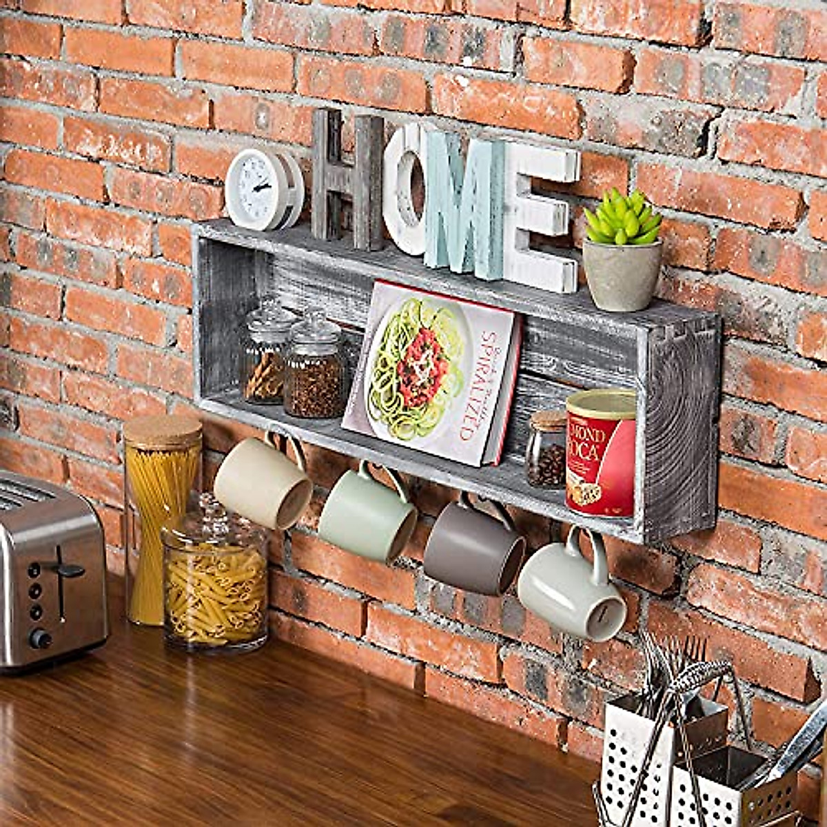 MyGift Wall Mounted Distressed Grey Solid Wood Wall Mug Holder Rack and Display Shelf with 4 Hooks, Coffee Cup Hanging Rack Bar Accessories and Storage
