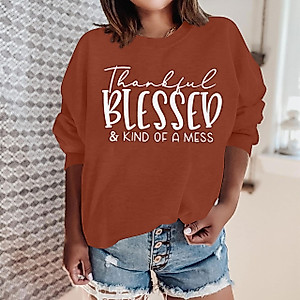 VILOVE Thankful Blessed and Kind Of a Mess Sweatshirt Women Thanksgiving Pullover Blessed Sweatshirt Oversized Tops Brown