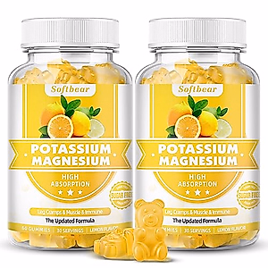 Potassium Magnesium Supplement Gummies for Women Men, Sugar Free Potassium Gummies for Leg Cramps & Muscle & Immune Health, High Absorption Magnesium Gummies Lemon Flavor 120 Count