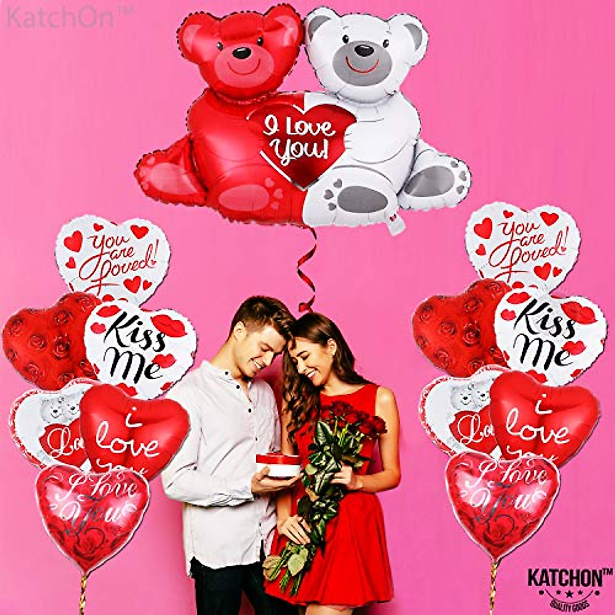 KatchOn, Large Teddy Bear Balloons Set - 40 Inch, Pack of 12 | Anniversary Balloons, I Love You Balloons for Special Night, Anniversary Decorations | Happy Anniversary Balloons, Red Heart Balloons