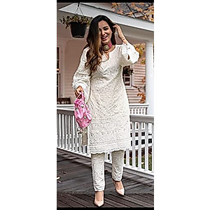Vrnda Indian Chikankari Cotton Kurtis For Women Summer Dress Tunic Top Pant Set Pakistani Salwar Suit- Kameez (L-White)