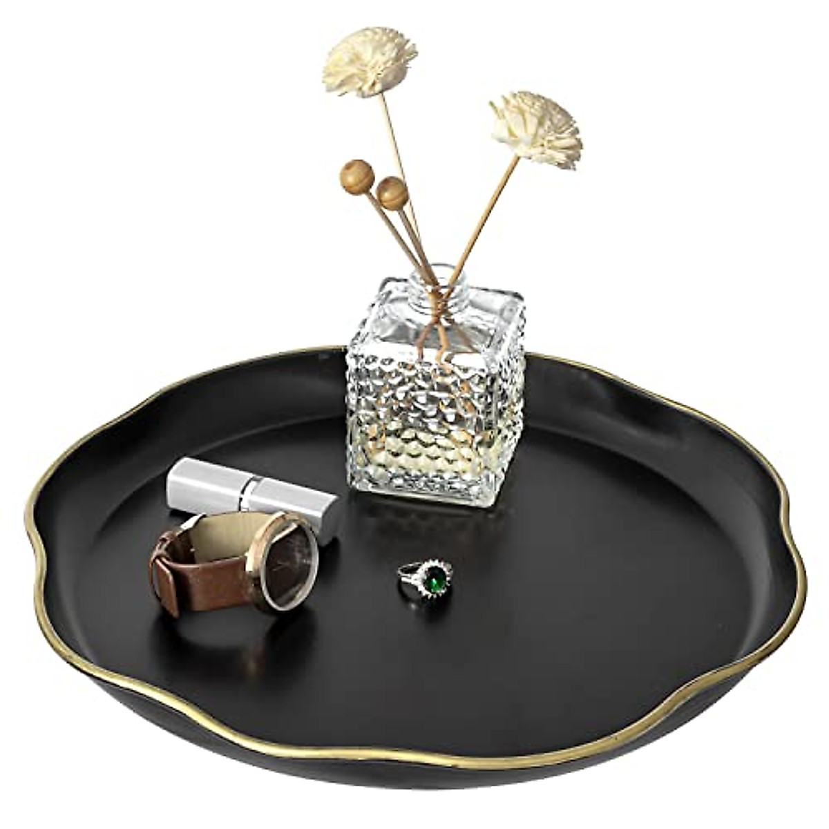 MyGift Modern Art Deco Matte Black Metal & Brass Tone Rim Serving Platter w/Scalloped Edges - 12-Inch Round Vanity Tray Display - Handcrafted in India