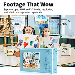 Digital Camera for Kids Teens Boys Girls Adults 4K 44MP with 32GB SD Card, 2.4 Inch Point and Shoot Camera with16X Digital Zoom, Compact Mini Camera Kids Camera for Students Seniors（Blue1）