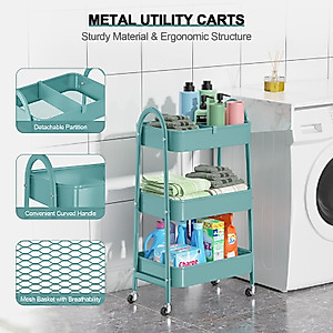 EAGMAK 3 Tier Utility Rolling Cart, Metal Storage Cart with Handle and Lockable Wheels, Multifunctional Storage Organizer Trolley with Mesh Baskets for Kitchen, Living Room, Office, Garage (Green)