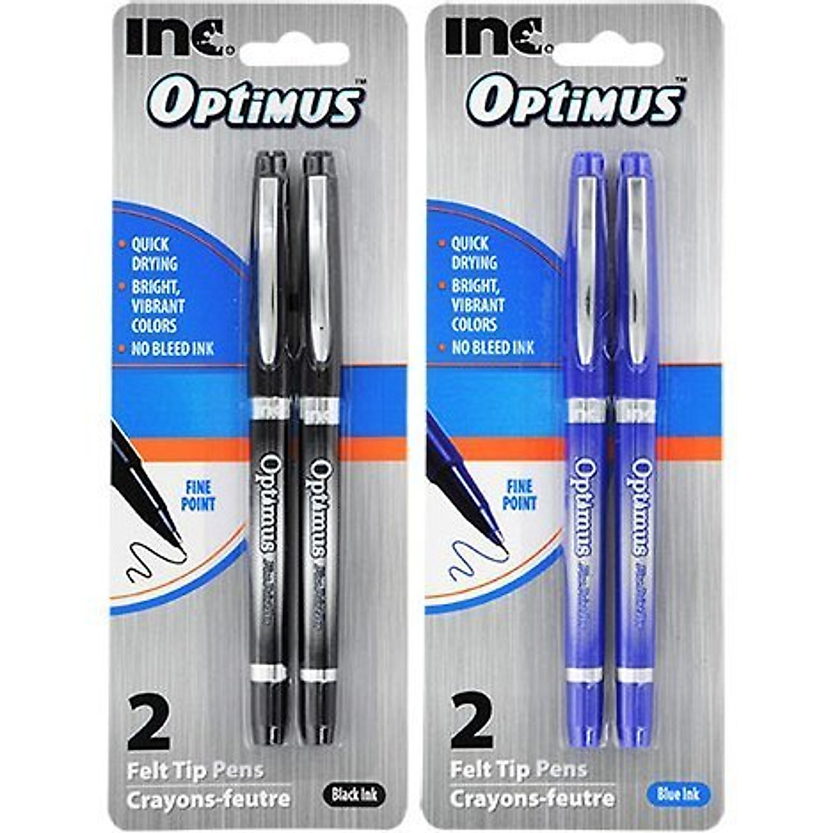 I-N-C Optimus 4 Felt Tip Fine Point Pens 3 Black/3 Blue - No Bleed Ink
