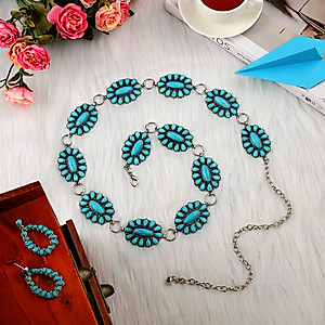 Kenning Turquoise Concho Chain Belt Metal Western Waist Belts for Women Boho Belt 1.2 x 2 Inch Turquoise Drop Statement Post Earrings(Green Turquoise,Novel Style)