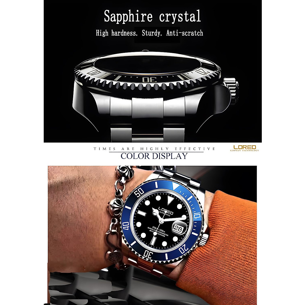 LOREO Luxury Automatic Watch for Men Sapphire Crystals Black Rotating Bezel Luminous Markers and Hands Date 316L Stainless Steel Case and Bnad Waterproof Watch