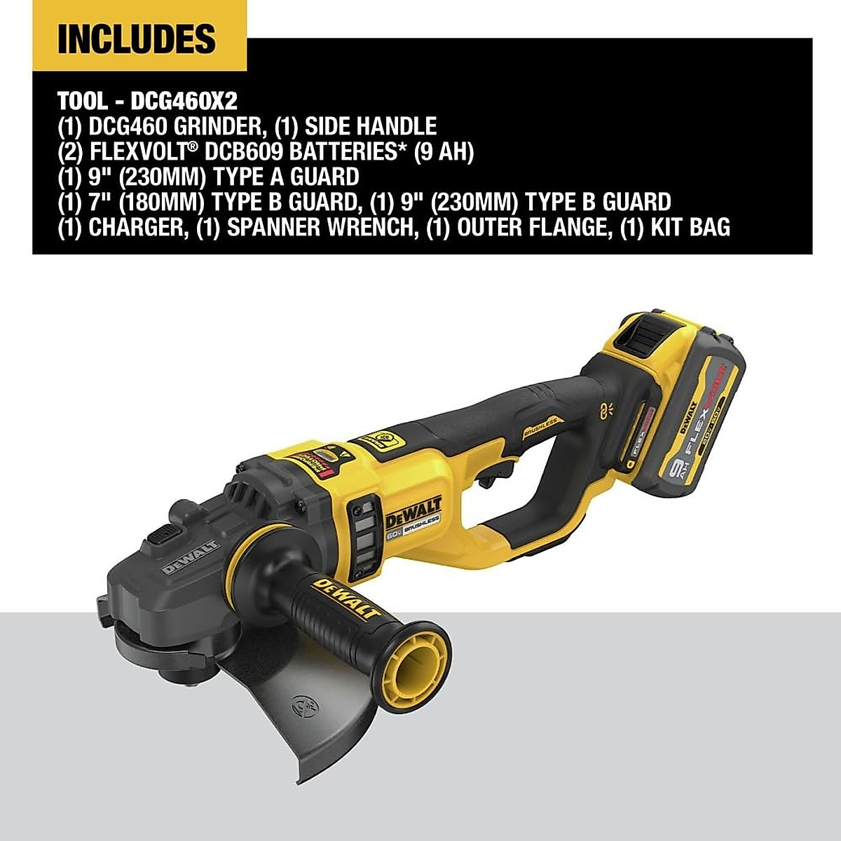 Dewalt DCG460X2 60V MAX Brushless Lithium-Ion 7 in. - 9 in. Cordless Large Angle Grinder Kit with 2 FLEXVOLT Batteries (9 Ah)