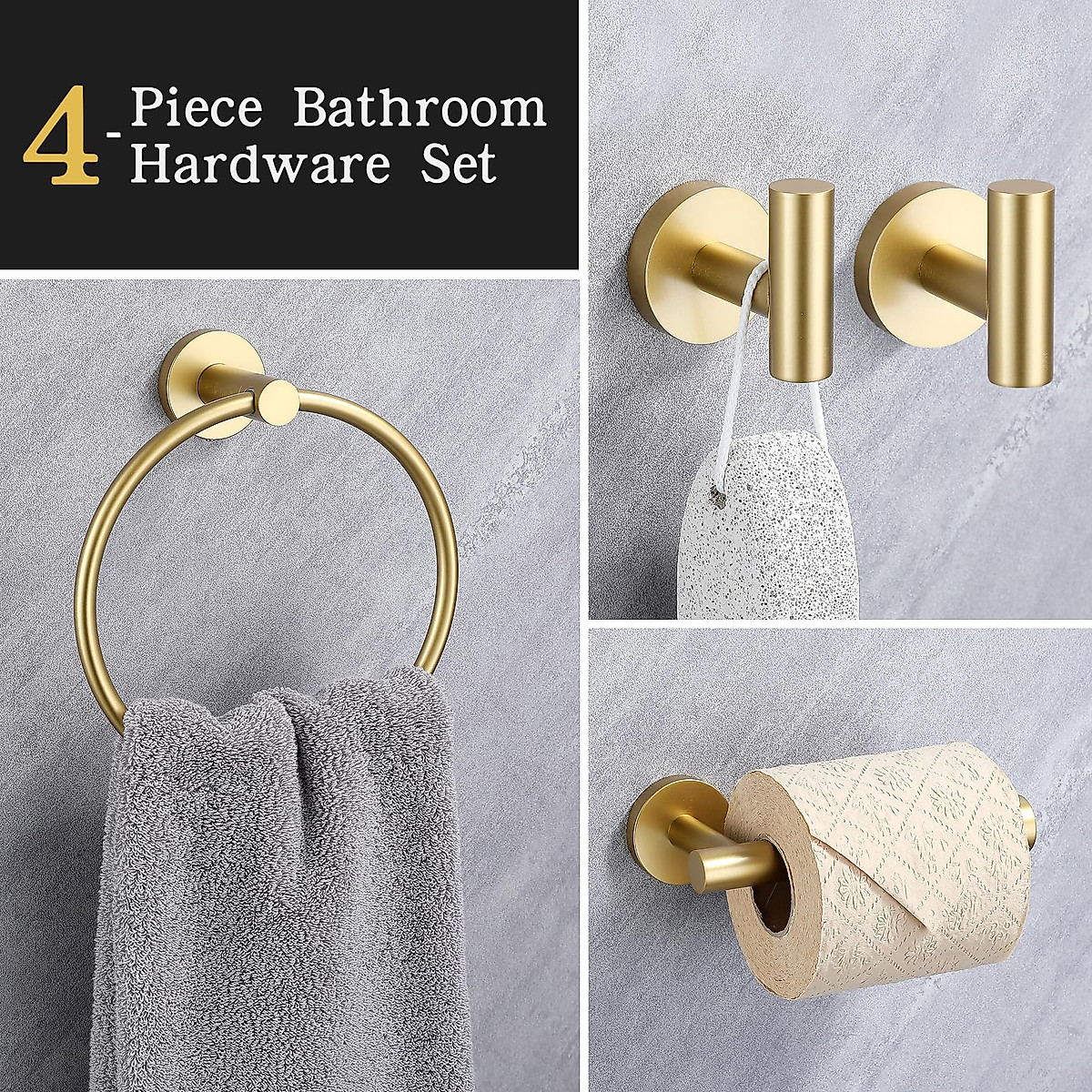Lairuier Bathroom Hardware Set, 4-piece Towel Bar Set Include Toilet Paper Holder,Towel Ring and 2 towel hooks Stainless Steel Wall Mounted Bathroom Hardware Accessories Set (Brushed Gold)
