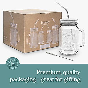 brimley 16oz Glass Mason Jar with Lid and Straw Set of 4 - Mason Jars with Handle for Cold Drinks - Glass Mason Jars with Metal Mason Jar Lids with Straw Hole and Stainless Steel Straws