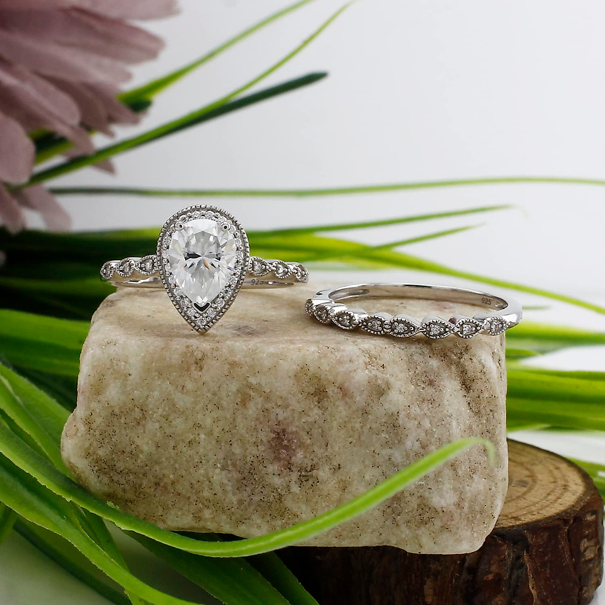 1 1/6 Carat Lab Created Moissanite Diamond Milgrain Pear Shaped Halo Engagement Wedding Ring Bridal Set for Womens 18K White Gold Plated 925 Sterling Silver (1.16 Cttw, G-H/VVS1) Jewelry Gift -8