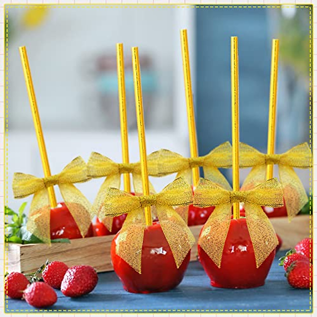 200 Cake Pop Sticks and Bows Kit for Cake Pops, Candies, Lollipops, Chocolates and Cookies Decorating, Include 100 Satin Ribbon Twist Tie Bows and 100 Paper Striped Straws for Party Supplies (Gold)