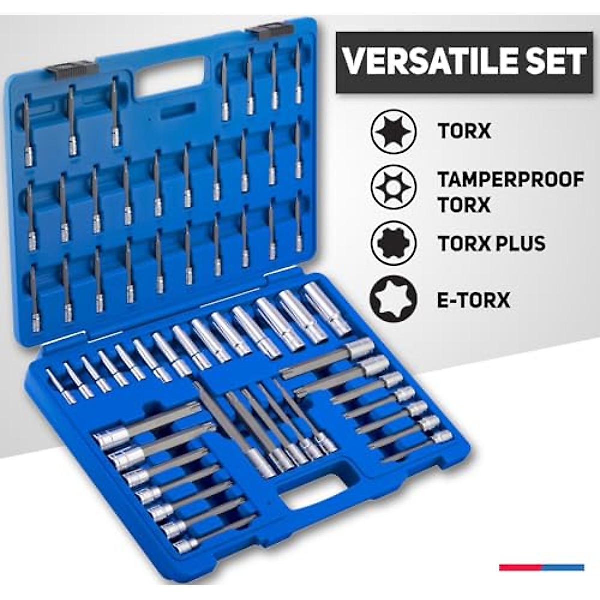 NEIKO 10287A Extra Long Socket Bits and Deep Socket Set | 60 Piece | S2 Tamperproof Torx Plus Bits and Cr-V Steel E-Torx Sockets
