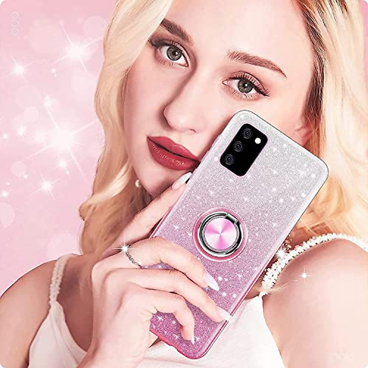 KSWOUS for Galaxy A03S Phone Case with Screen Protector [2 Pack], Glitter Sparkly Bling Pink Protective Cover with Kickstand for Women Girls Slim Shockproof Case for Samsung A03S Case (Pink)