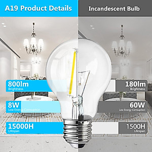 DAYBETTER 4 Pack LED Edison Bulbs, E26 LED Bulb 60W Equivalent, High Brightness 800 LM Daylight White 5000K, A19 LED Filament Light Bulbs, Clear Glass Style for Home, Non-Dimmable