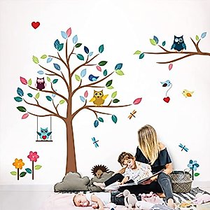 TIMBER ARTBOX Cheerful Safari Nursery Wall Decor – Woodland Jungle Wall Decals with Owls & Tree – Cute Animal Stickers for Kids Room, Baby Boys and Girls Bedroom, Classroom & Daycare Decorations