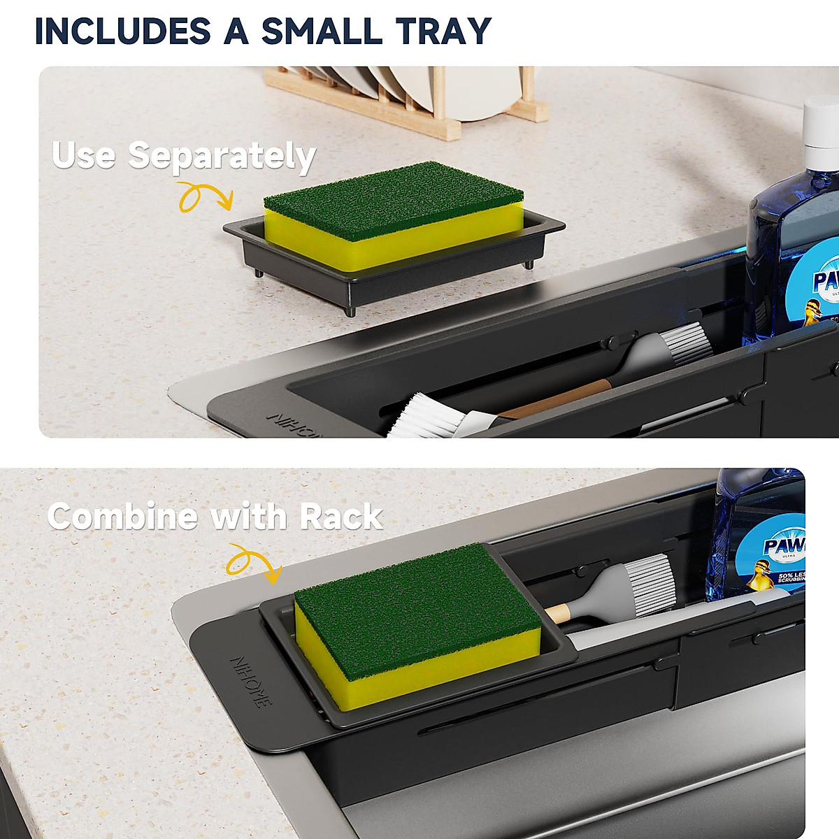 NiHome 17.5’’x15.3’’ Roll Up Dish Drying Rack with Side Utensil Holder Tray Over Sink Detachable Foldable Collapsible Stainless Steel Multipurpose Kitchen Drainer (Black)